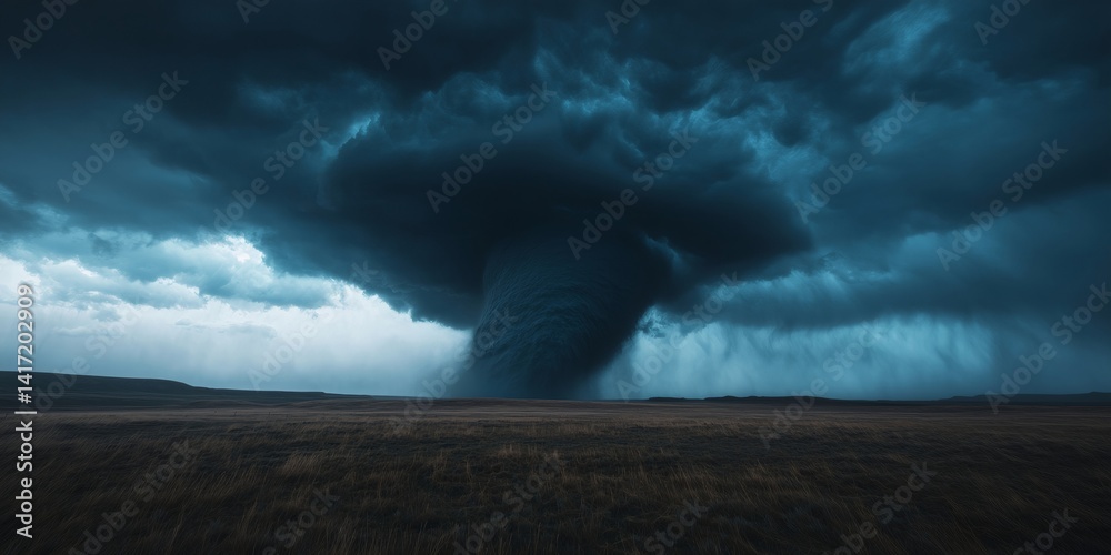 Powerful tornado funnel on dark stormy field landscape. Dramatic ...