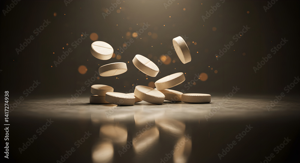 many white circular medicine tablets are falling and bouncing on a ...