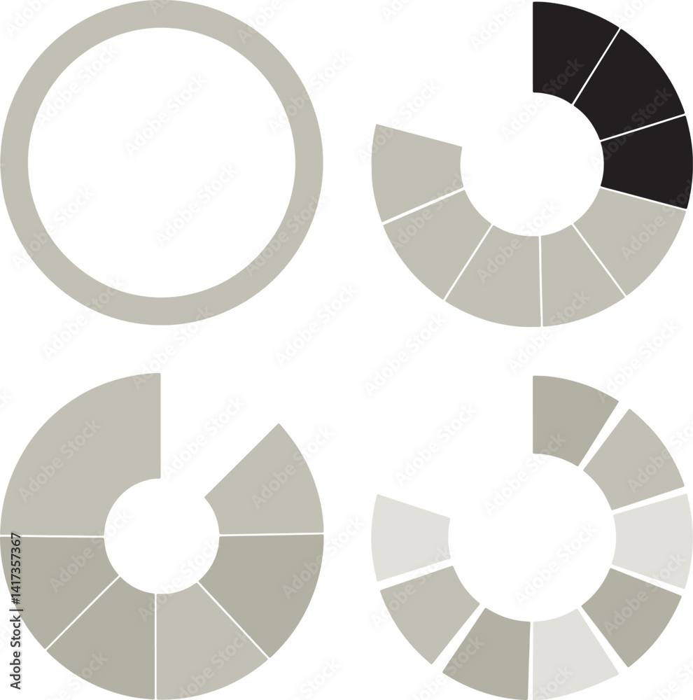 Circle divided diagram set. Graph icon pie shape section chart. Segment circle round vector ...