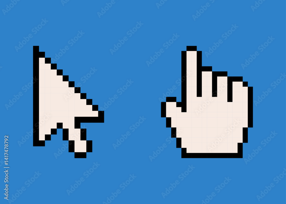 Pixelated beige mouse pointer and hand on blue background, pixel art ...