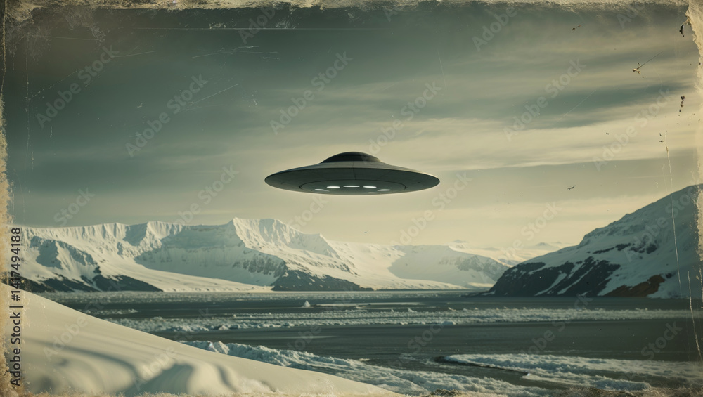 A retro image shows a ufo floating over a snowy arctic region, creating ...