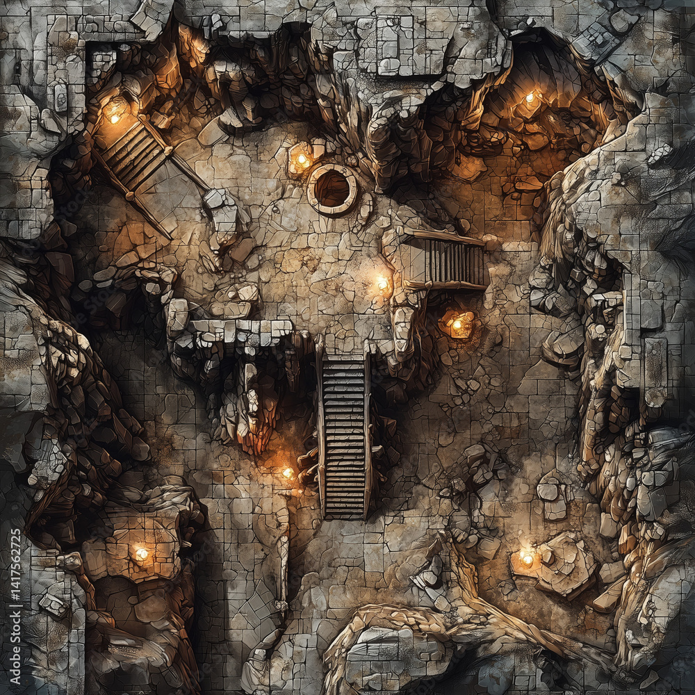 fantasy dungeon map, top-down layout of caverns, tunnels and chambers ...