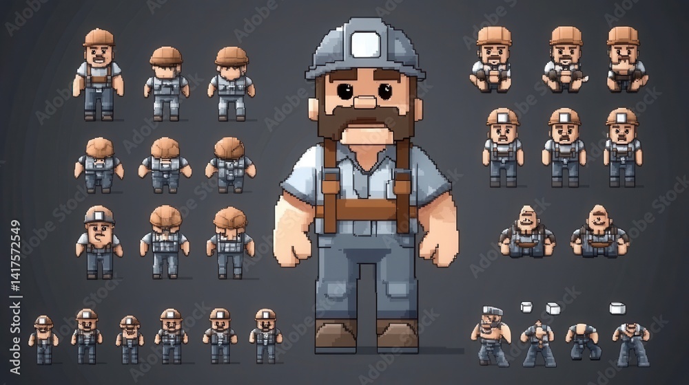Pixel art sprite sheet of a male construction worker in various poses ...