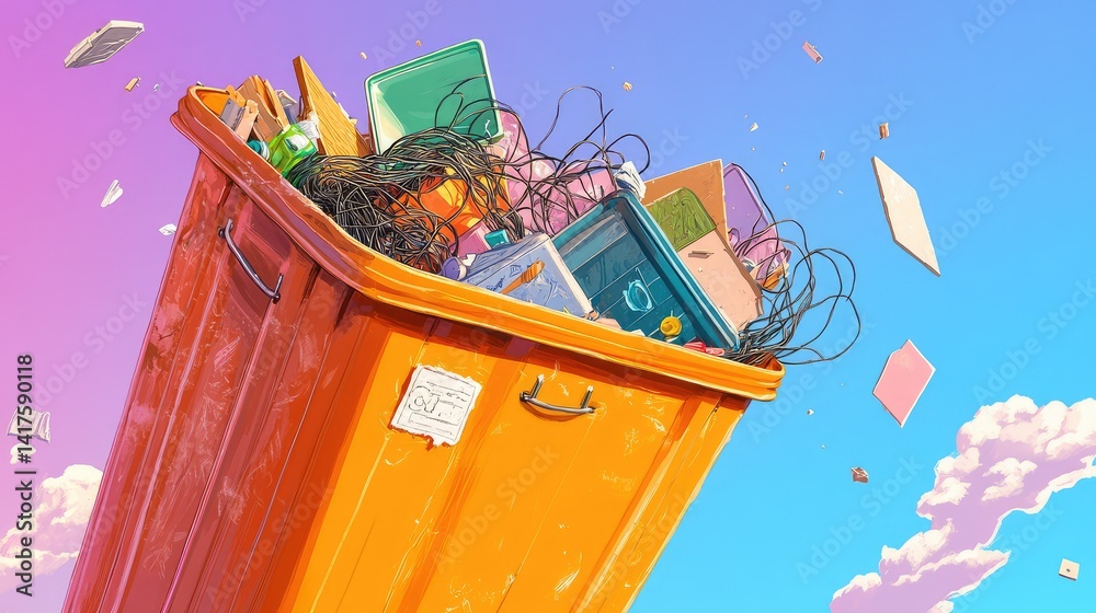 Detailed illustration of a waste skip showing various stages of home ...