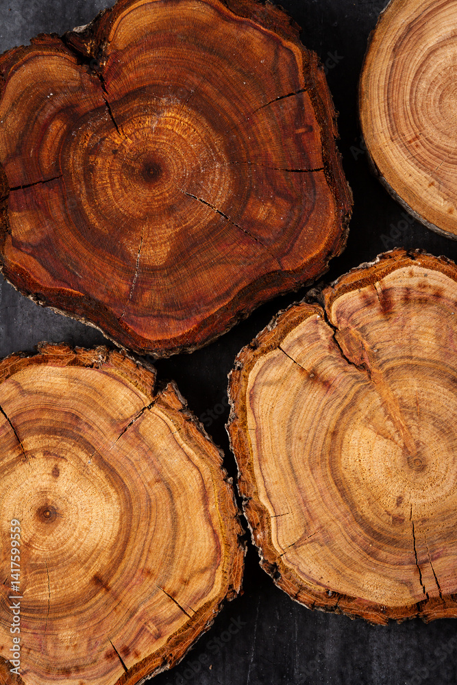 Wood log tree slices on black chalkboard. Flat lay. Top view Stock ...