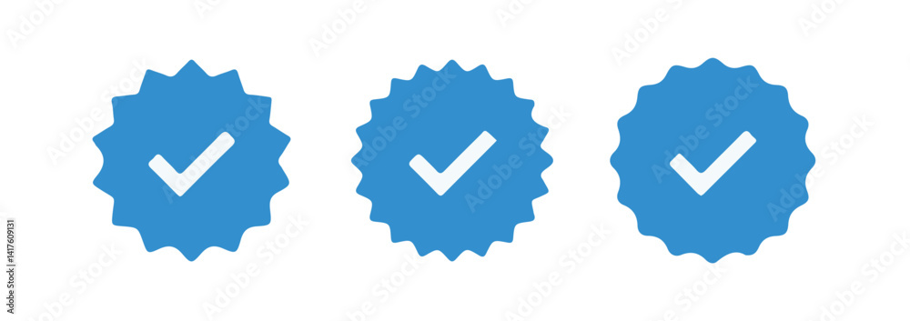 Set of social media verified icons. Tick in circle with zigzag. Youtube ...