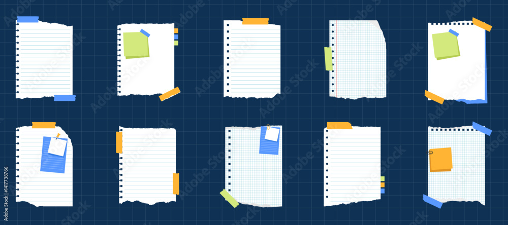 Torn Paper Note with Tape and Sticky Note Vector Collection. Blank ...