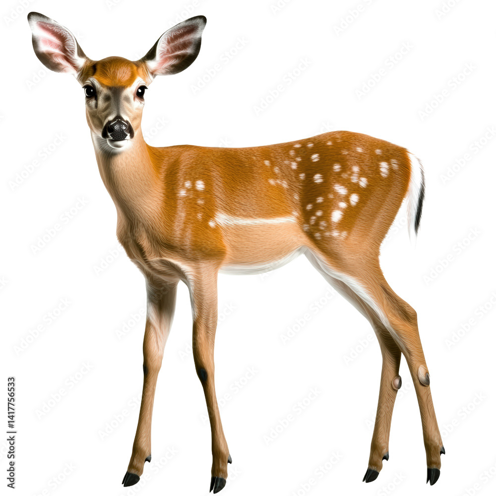 Beautiful young deer with white spots on tan fur standing on white ...