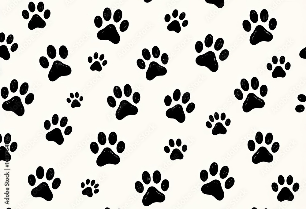 Seamless pattern of cute black doodle paw prints on a subtly textured ...