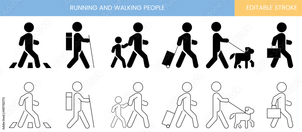 Running and walking people icons, people symbol, stand, walk, run ...
