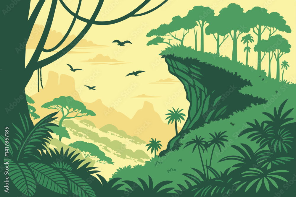 70 Lush tropical jungle, towering cliff face, dramatic overhanging rock ...
