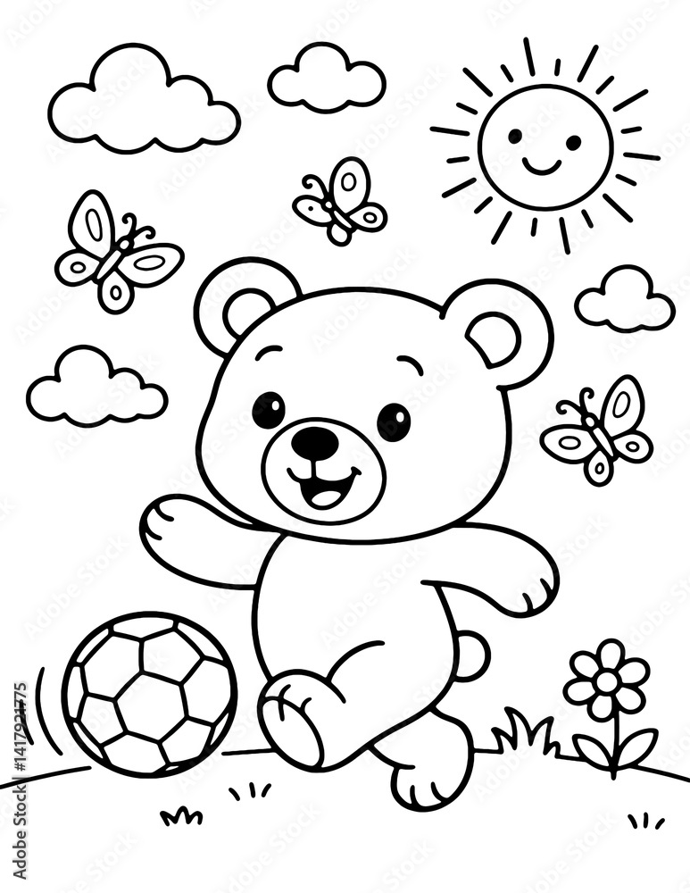 Cute teddy bear playing soccer – fun and easy printable coloring page ...