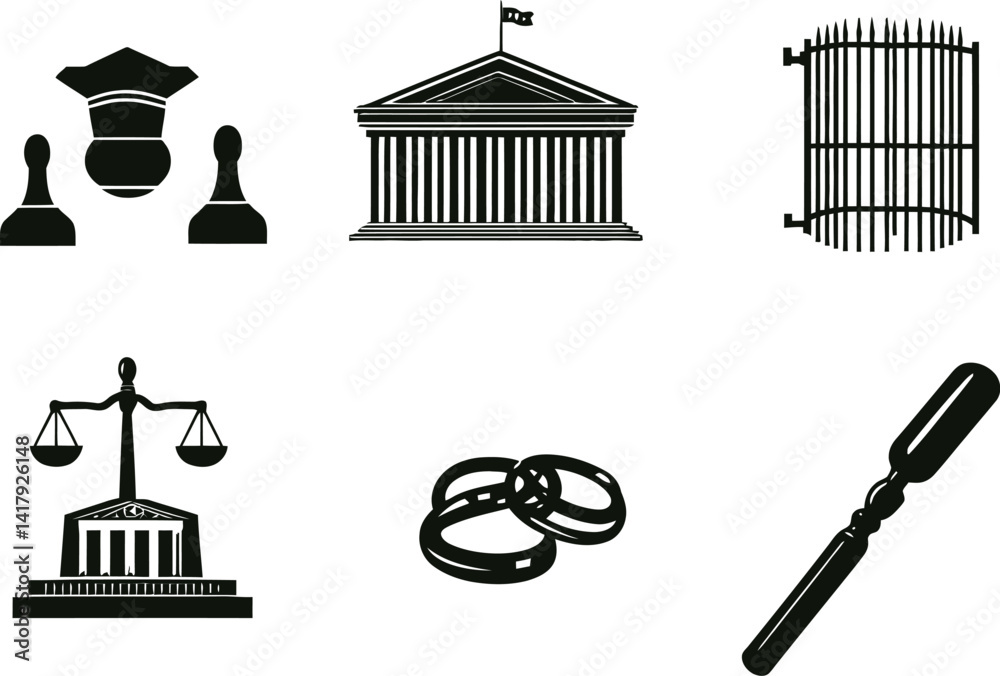 Set of Six Unique Vector Legal and Justice Icons Depicting Courtroom ...