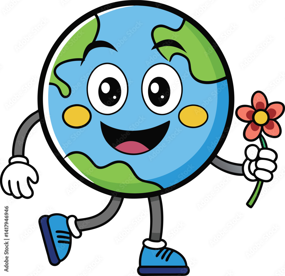 Vetor Earth mascot waves hello with a flower—bright and happy, Earth ...
