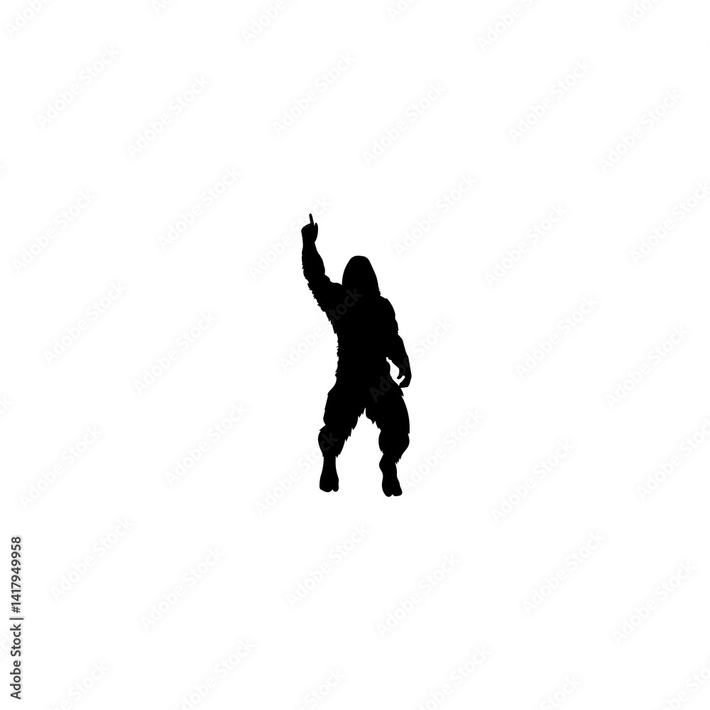 Bigfoot silhouette with raised arm and pointing finger against white ...