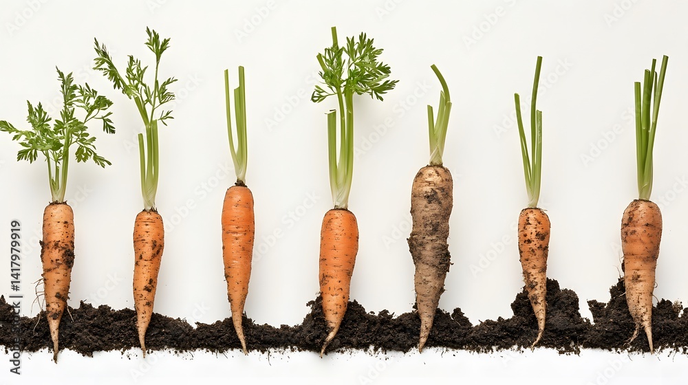 Eight carrots of varying sizes and growth stages, pulled from the ...