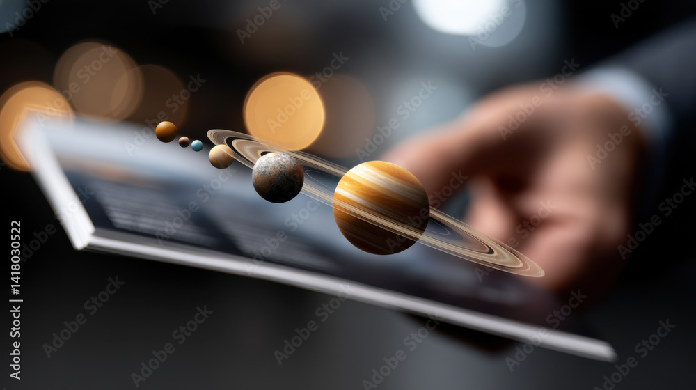 hand holding pamphlet with 3D solar system model, featuring planets in ...