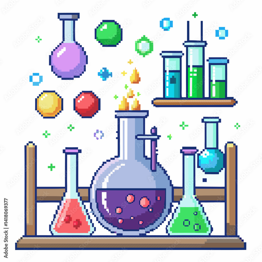 Vettoriale stock di Colorful Pixel Art Science Lab with Beakers and ...