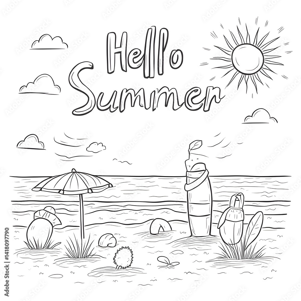 hello summer coloring page in A4 size, beach theme. You can print it on ...