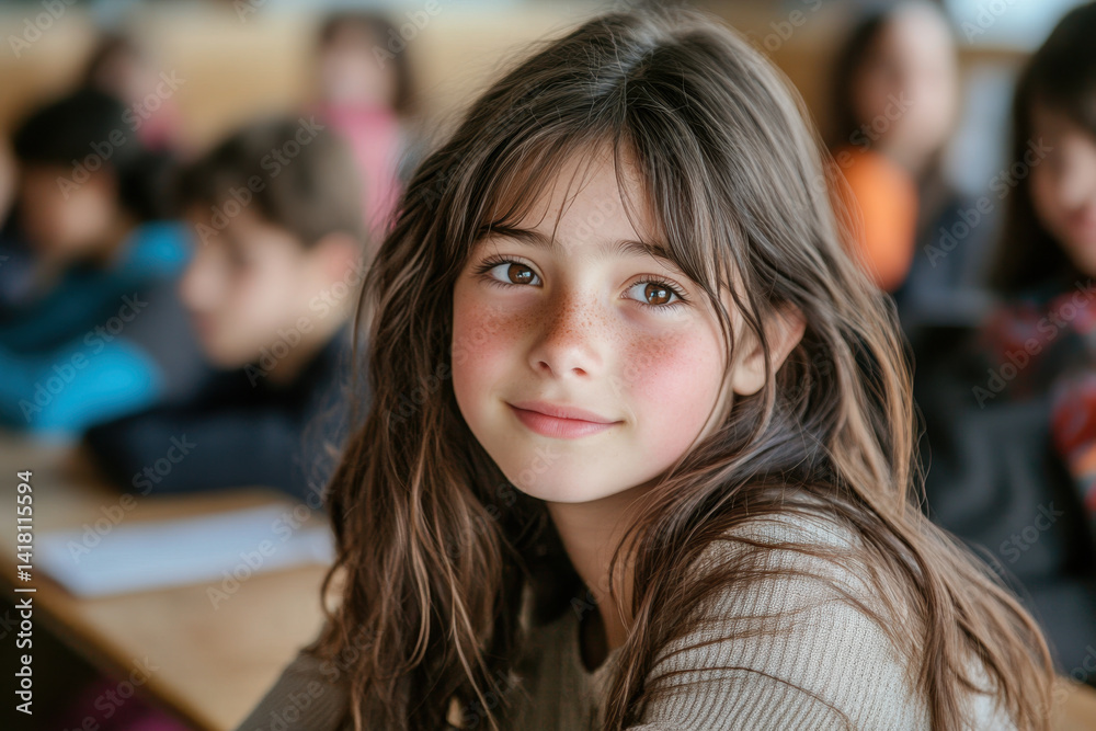 Young girl engaged in a group discussion with classmates in a classroom ...