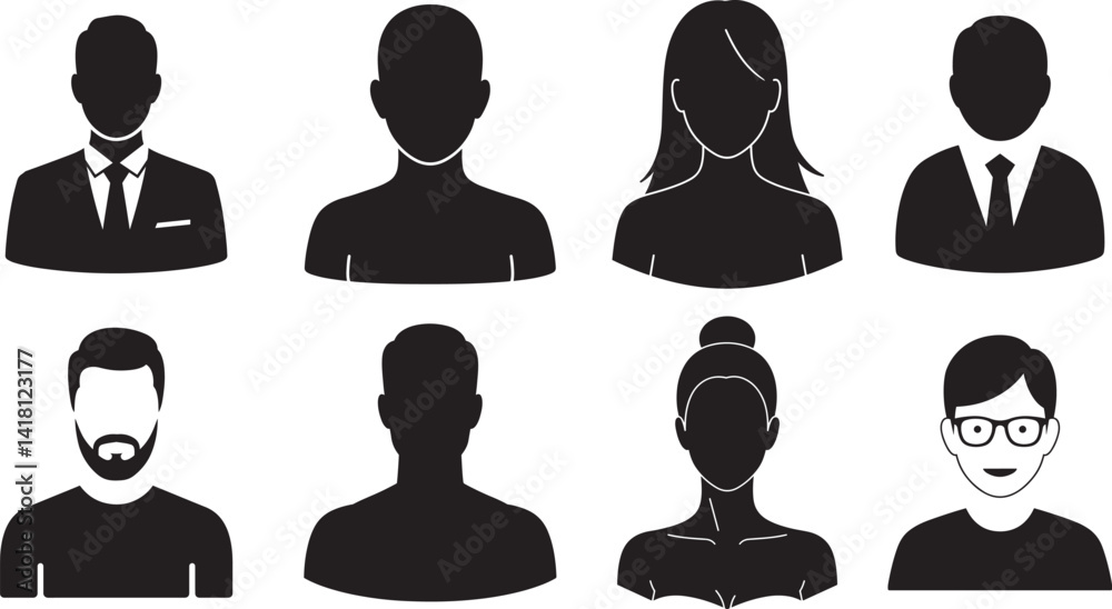 Collection of 8 Flat Full Black Upper Body Vector Avatars in Front View ...