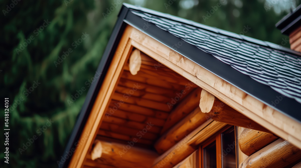Log cabin roof showing wood and shingles in a forest setting Stock ...