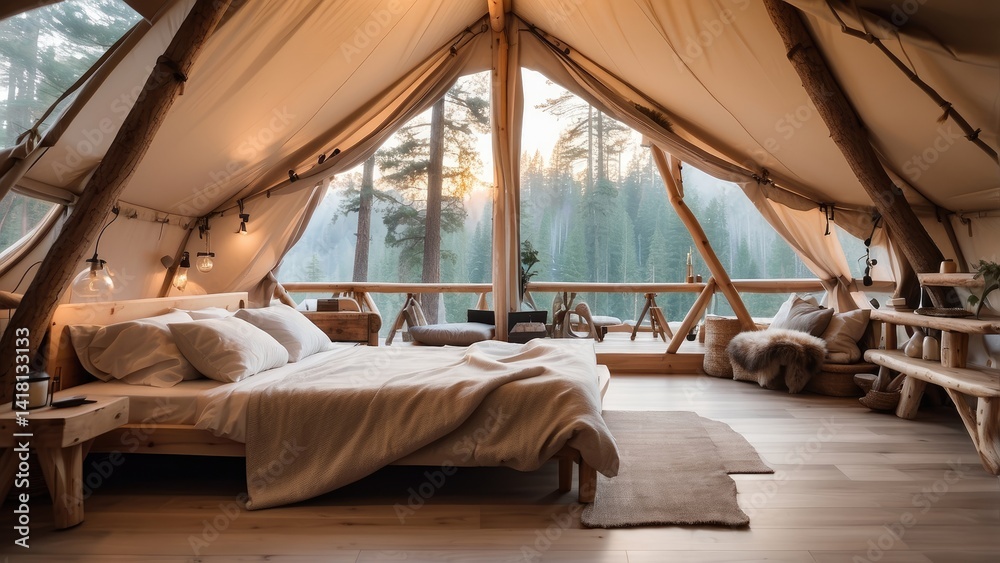 Cozy interior of a glamping tent surrounded by trees. Features a large ...