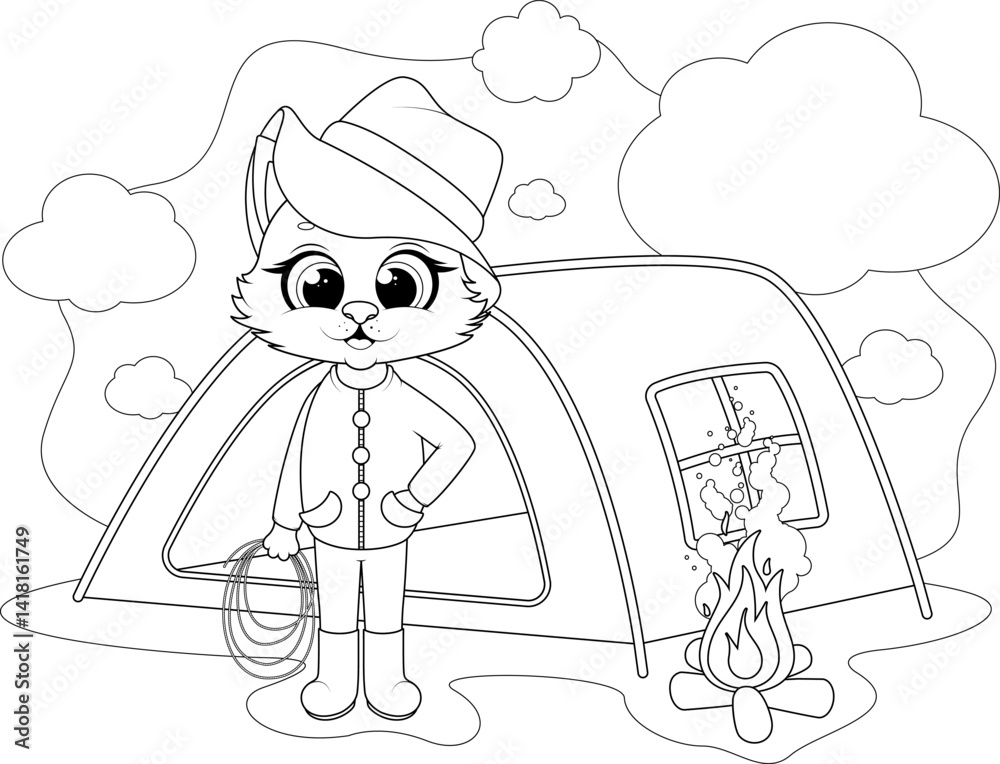 Camping Cat Coloring Page. Cute Printable for Kids Stock Vector | Adobe ...