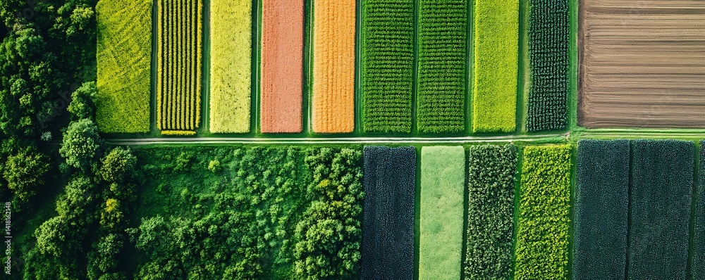 Aerial view of a farm with various sections being treated differently ...