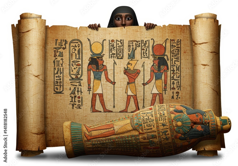 Ancient Egyptian Scroll and Sarcophagus - A detailed of an ancient ...