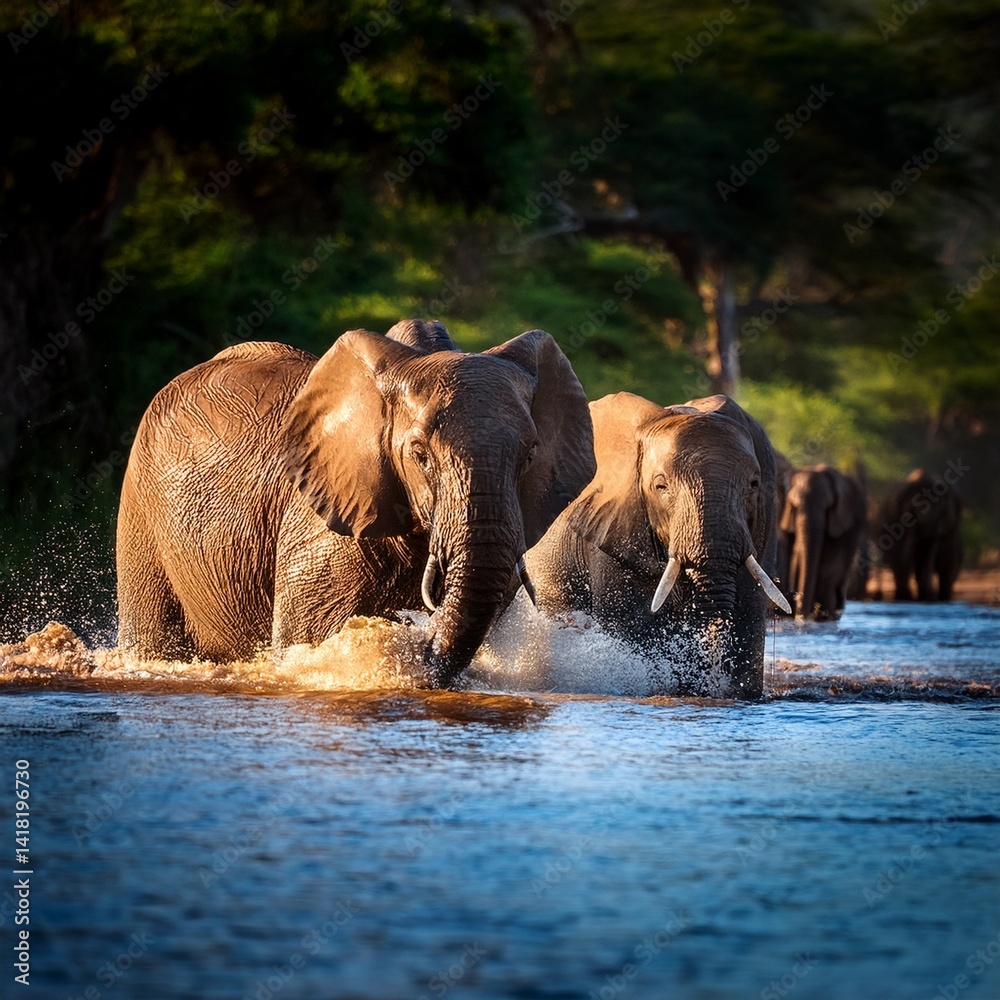 Herd of elephants crossing an African river, water splashing under ...