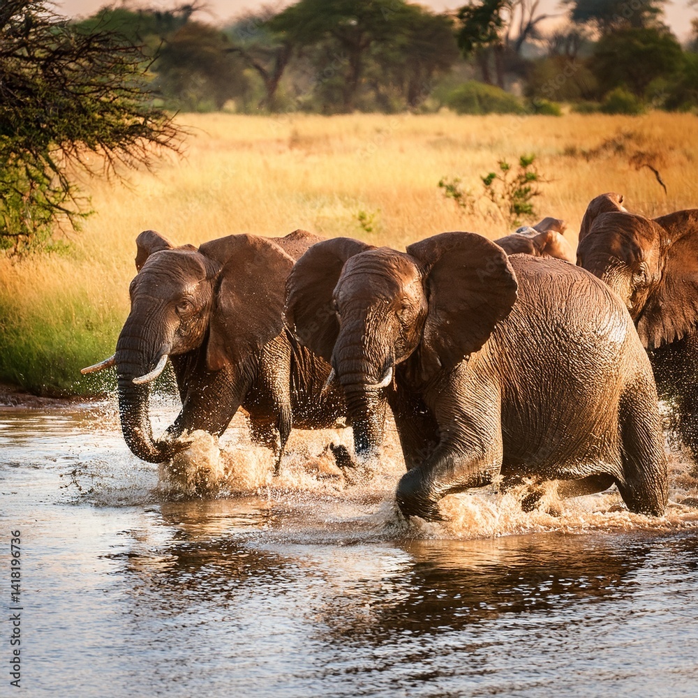 Herd of elephants crossing an African river, water splashing under ...