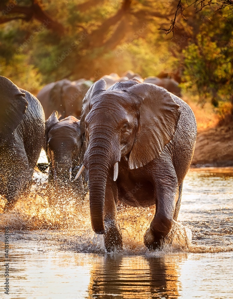 Herd of elephants crossing an African river, water splashing under ...