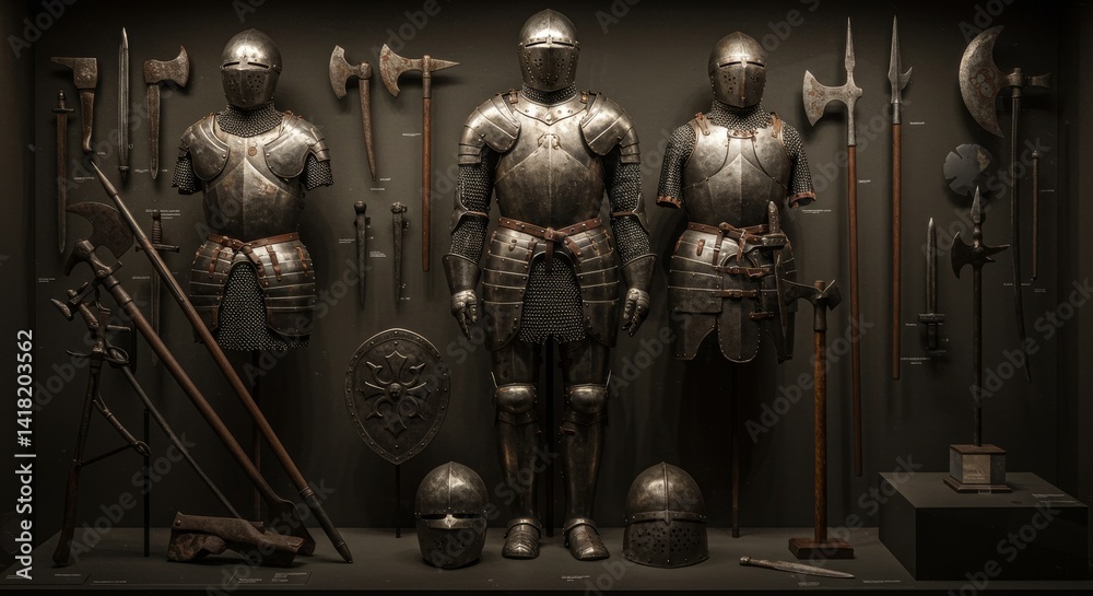Medieval Armor and Weaponry Display - A museum display showcasing three ...