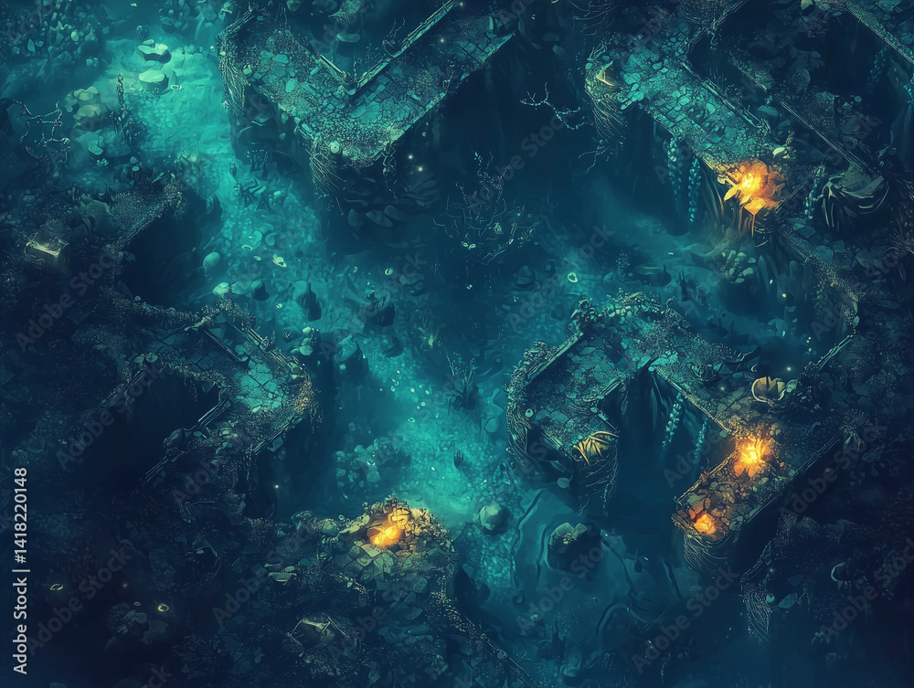underwater world map, coral maze structures, glowing trenches, kelp ...