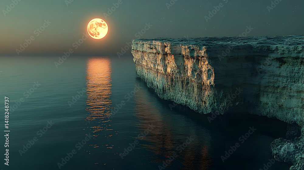 Ocean cliff reflecting the moon Stars are twinkling above The cliff ...