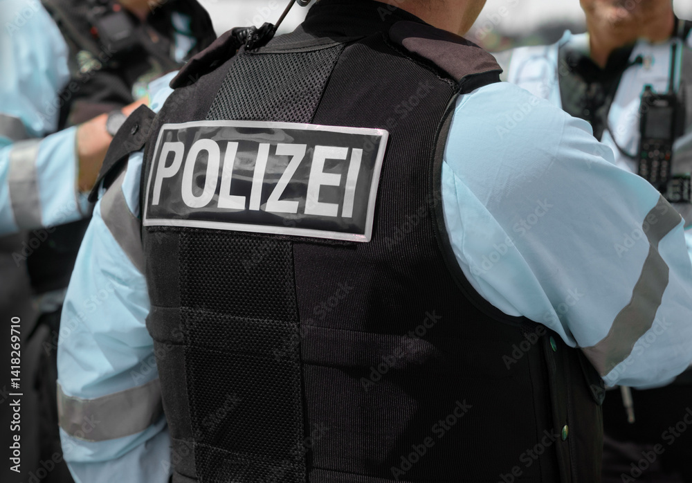 Police - Close-up of 'POLIZEI' marking on the back of a hi-visibility ...