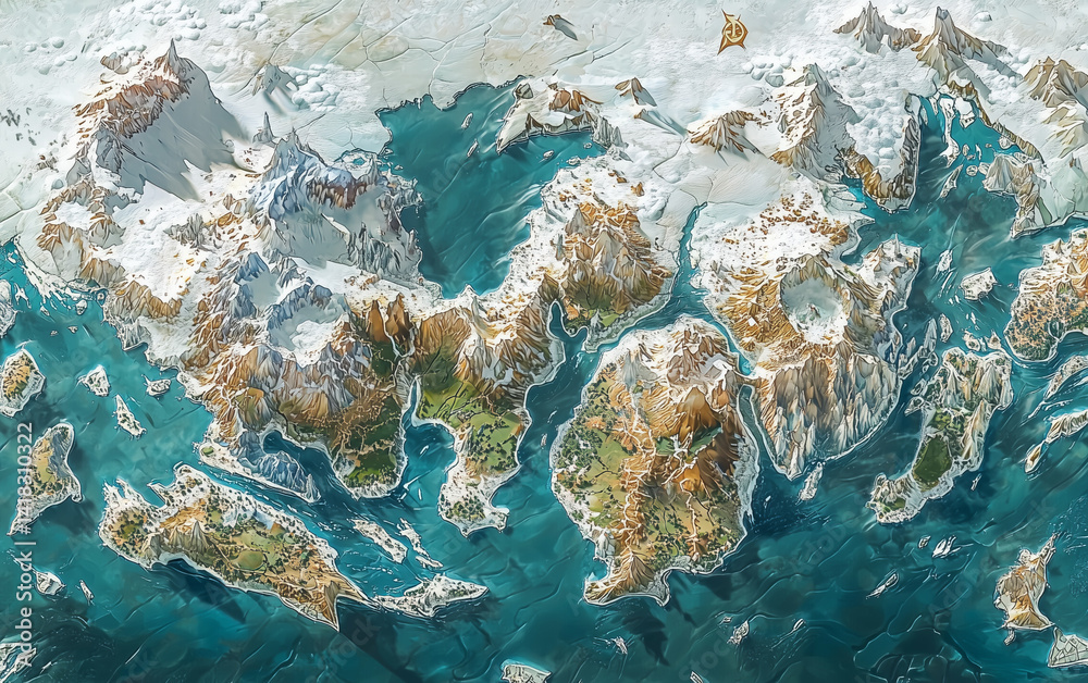 fantasy biome map showing distinct regions like volcanic lands, icy ...