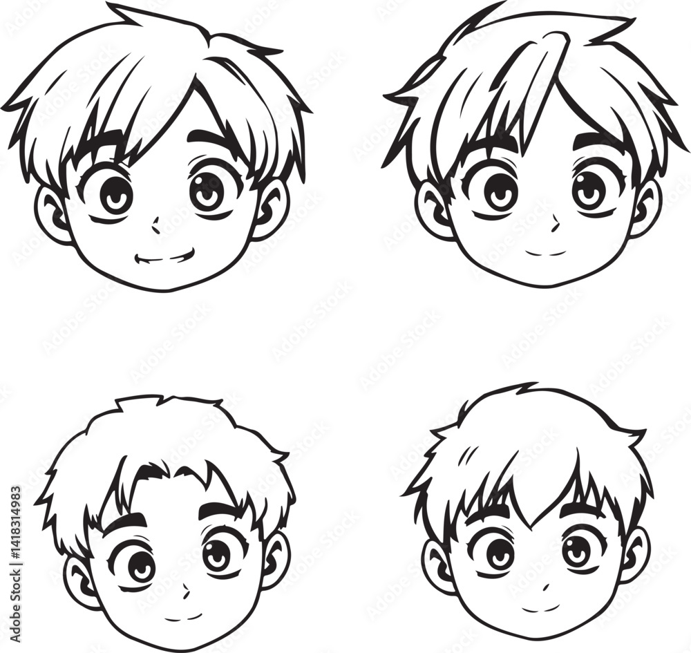 "Anime Boy Face Line Art – Black and White Manga Style for Coloring ...