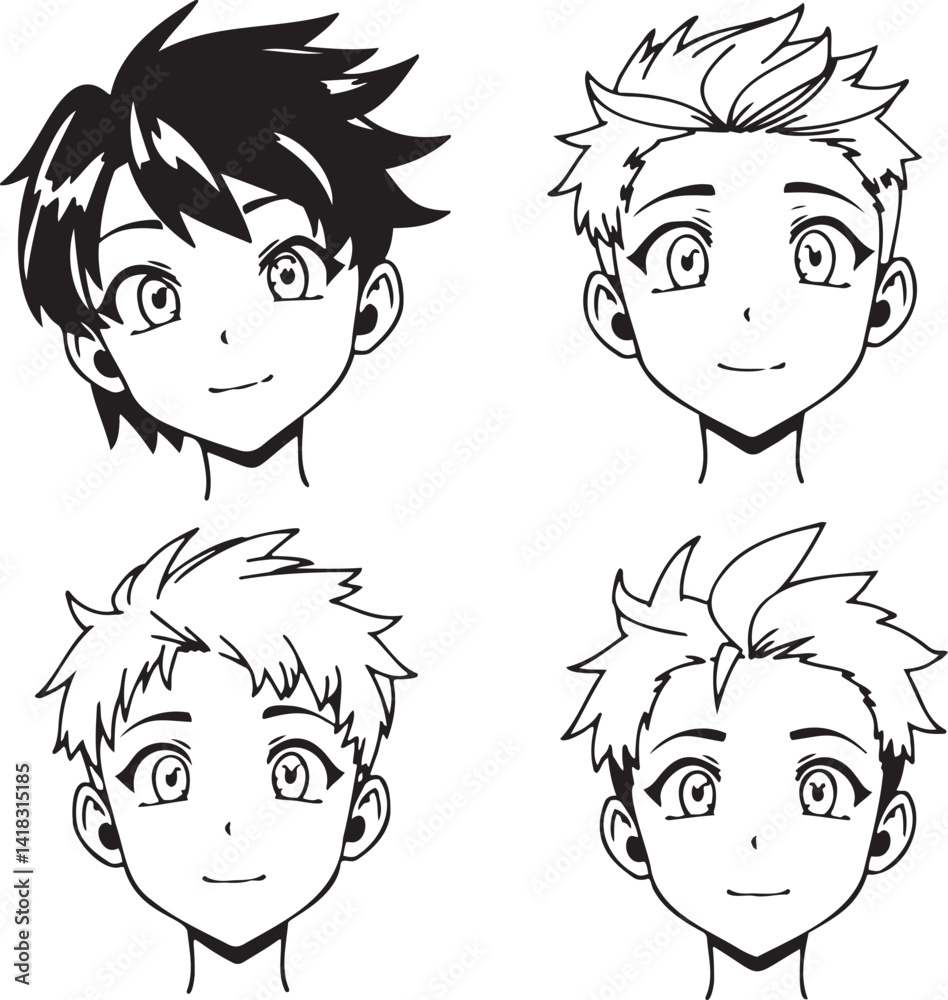 "Anime Boy Face Line Art – Black and White Manga Style for Coloring ...