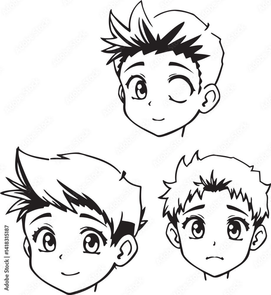 "Anime Boy Face Line Art – Black and White Manga Style for Coloring ...