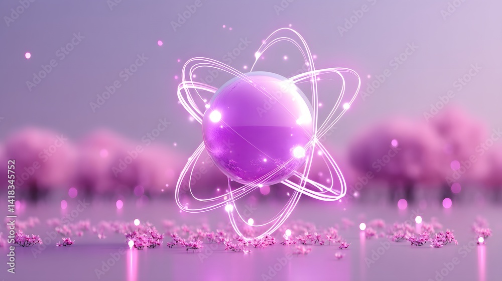 Pink atom model with glowing particles in a dreamy pink cherry blossom ...