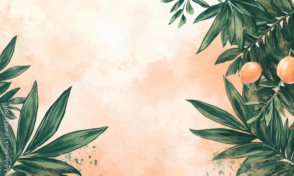 Peach fuzz background with green palm leaves with space for images ...
