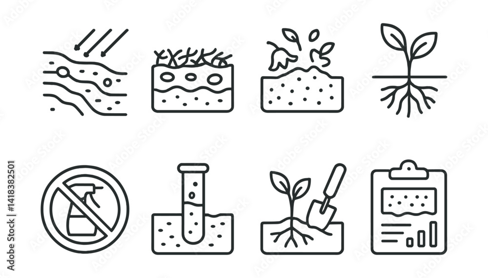 Line vector icons of soil protection: erosion icon, mulch layer ...