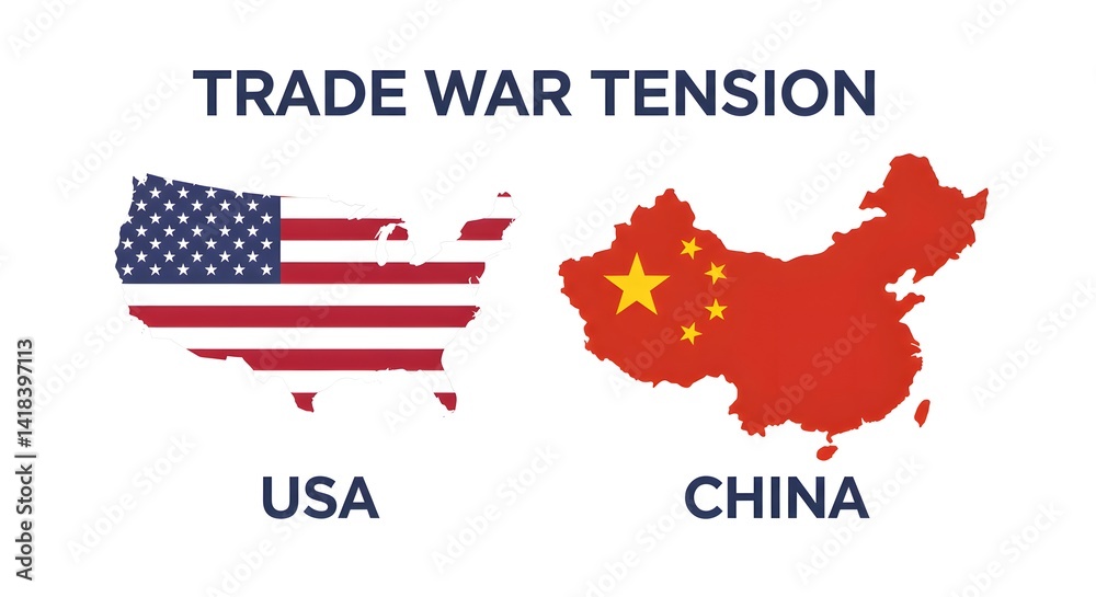 US China Trade War Tension: Flags in Country Outlines. Economic ...