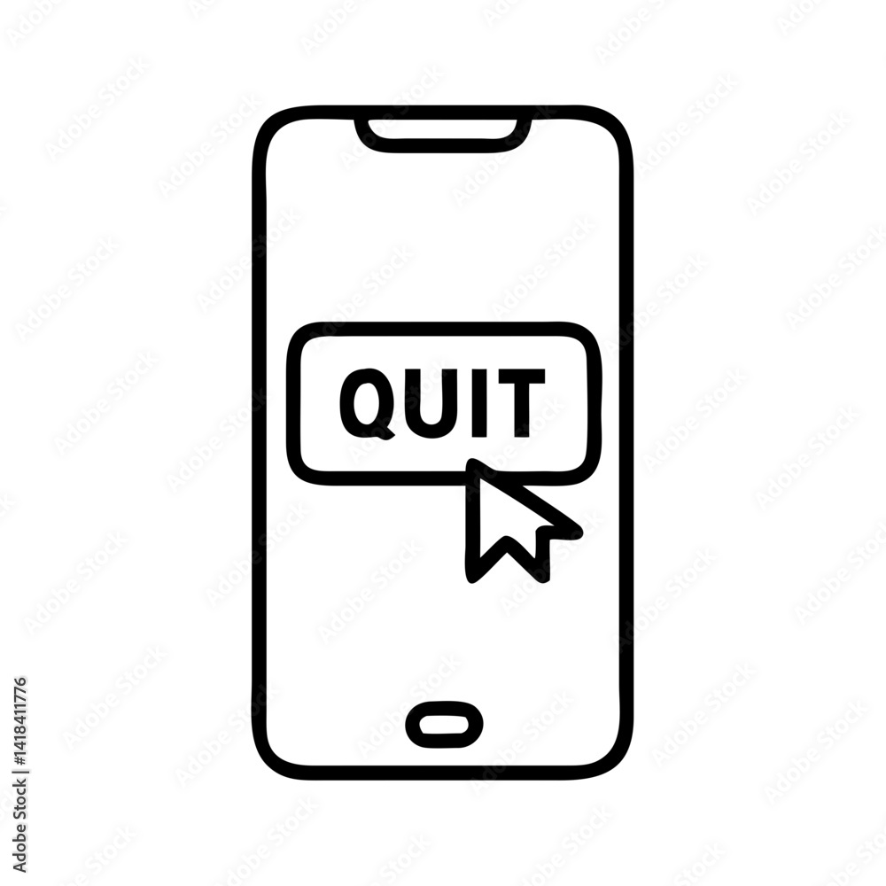 black outline icon of smartphone screen with quit button and cursor ...