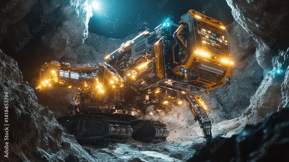 Advanced mining robot explores a dark cave using powerful lights and ...