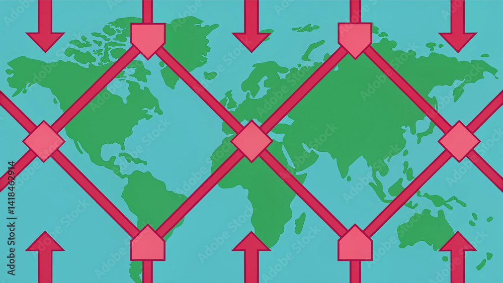 Economic risk global economy concept. Map design with arrows indicating ...