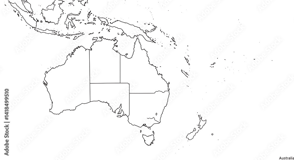 Australia & Oceania: Simple Line Map, States & Territories Highlighted ...