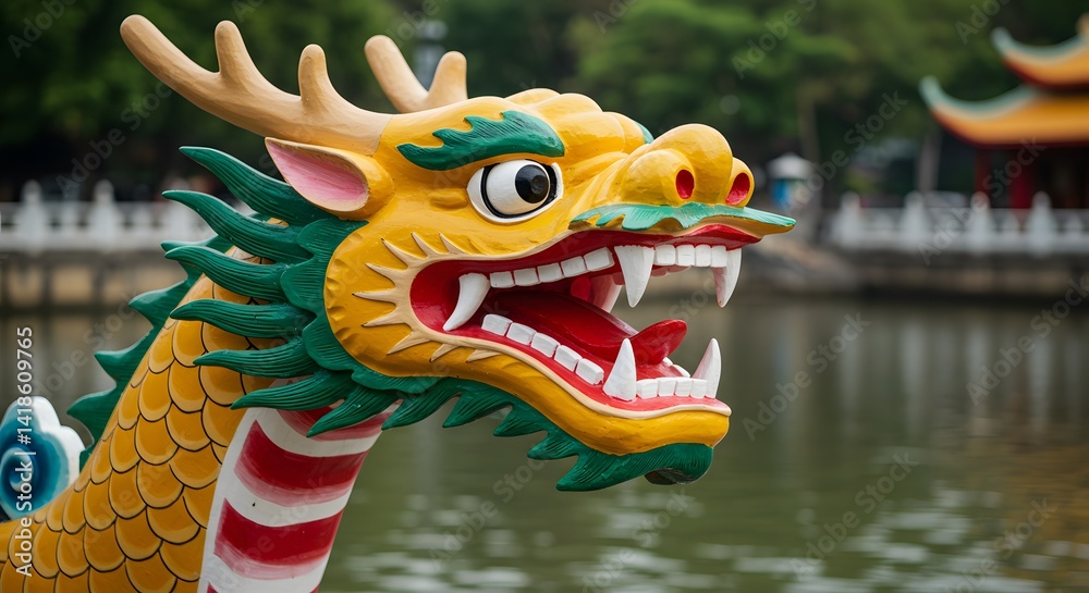 The fierce face of a traditional dragon boat head, mouth wide open and ...